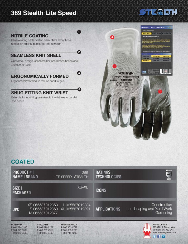 389 Stealth Lite Speed Seamless Knit Glove from Watson Gloves Spec Sheet IMG - Watson Gloves