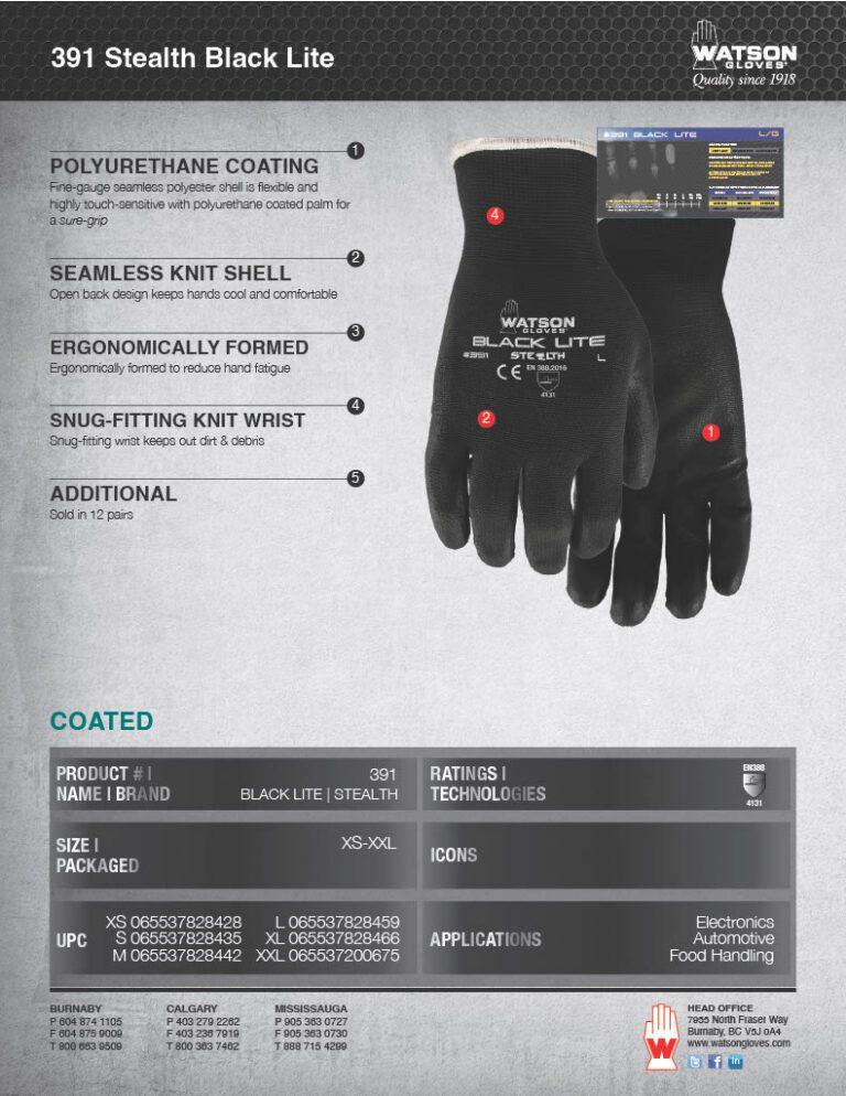 391 Stealth Black Lite Seamless Knit Glove Spec Sheet - Watson Gloves