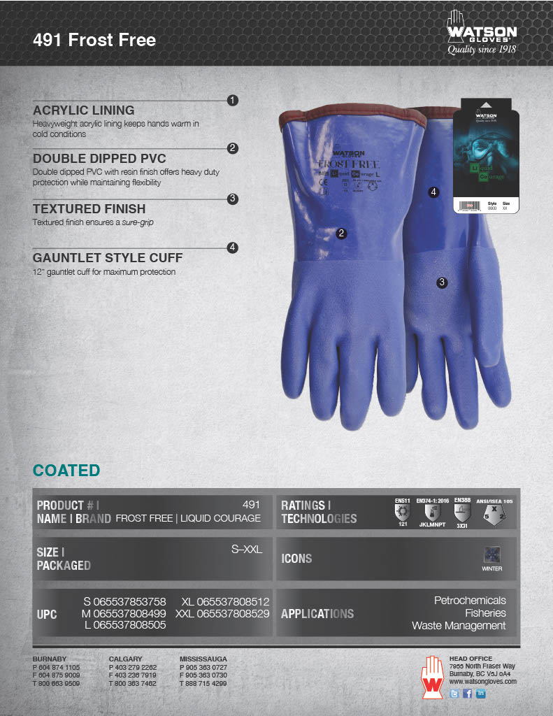 491 Frost Free Glove Spec Sheet - Watson Gloves