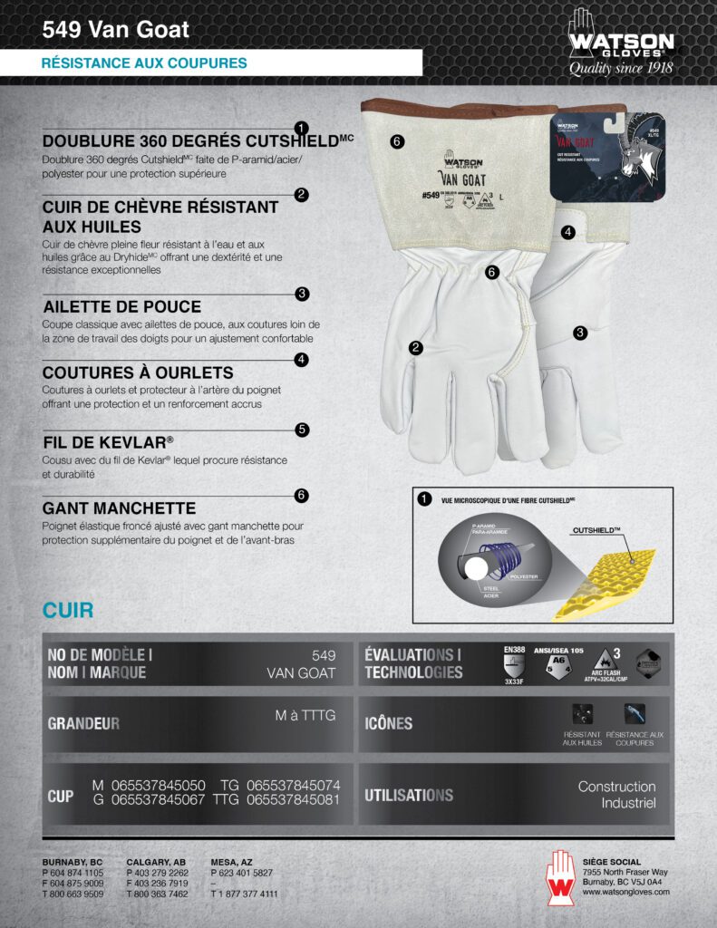 549 Van Goat Cutshield™ Cut Resistant Leather Glove French Spec Sheet ...