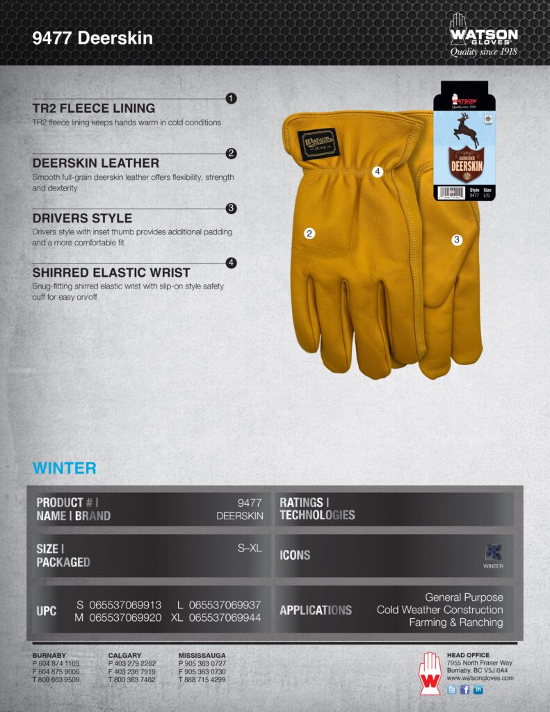 9477 Wild Deerskin Spec Sheet - Watson Gloves