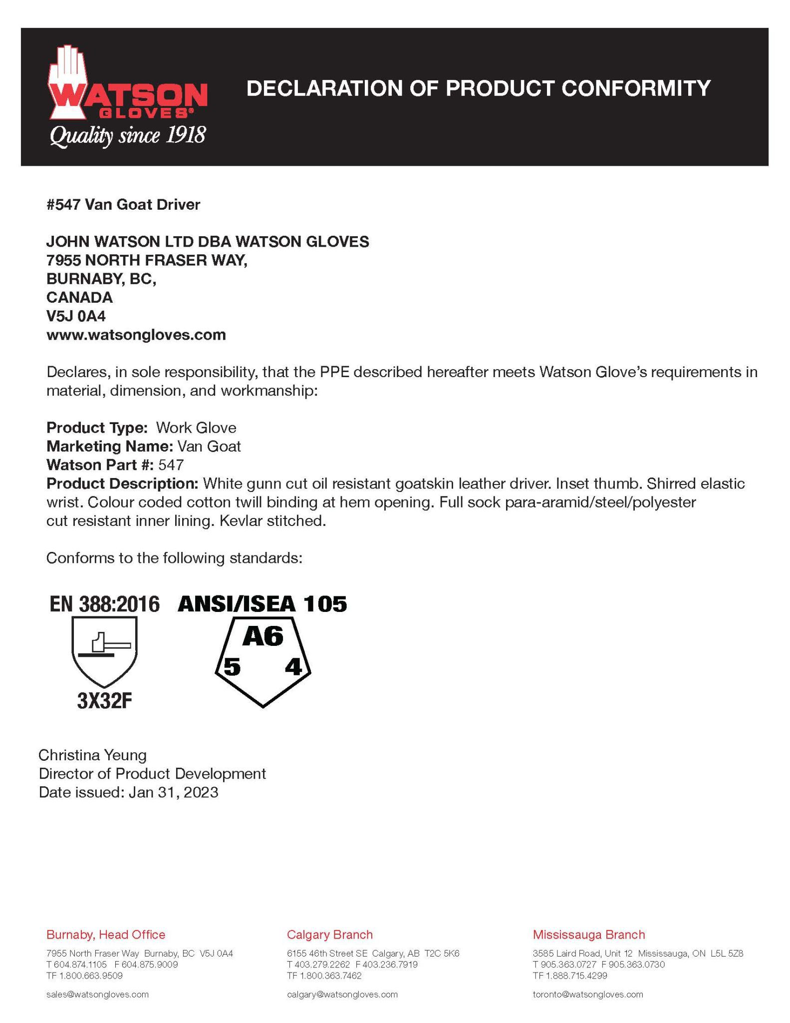 547 Van Goat Spec Sheet Declaration of Product Conformity - Watson Gloves