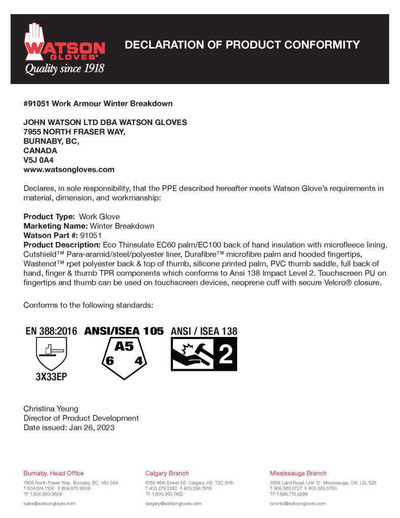 91051 The Breakdown Declaration of Product Conformity - Watson Gloves