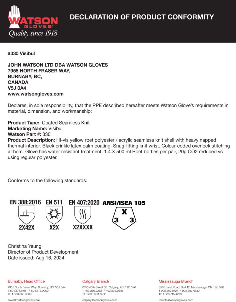 330 Visibull Declaration of Product Conformity - Watson Gloves