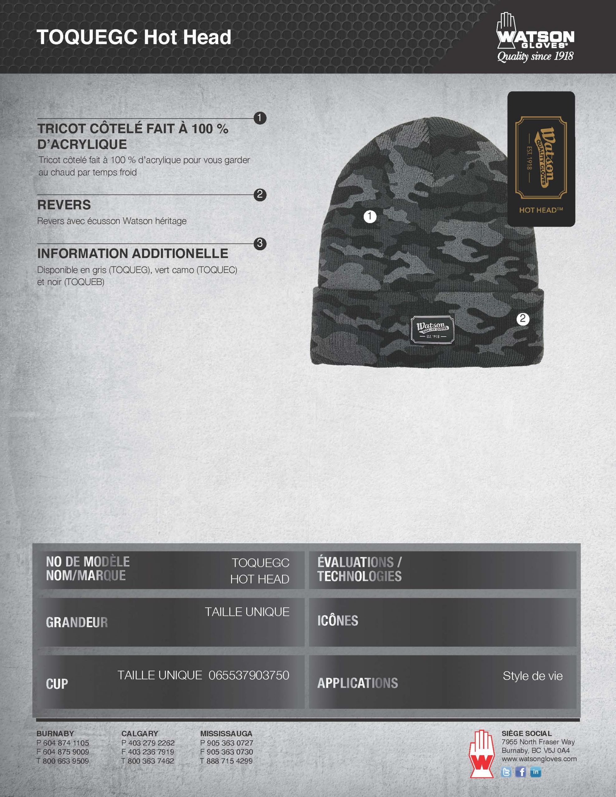 TOQUEGC Hot Head Spec Sheet French - Watson Gloves