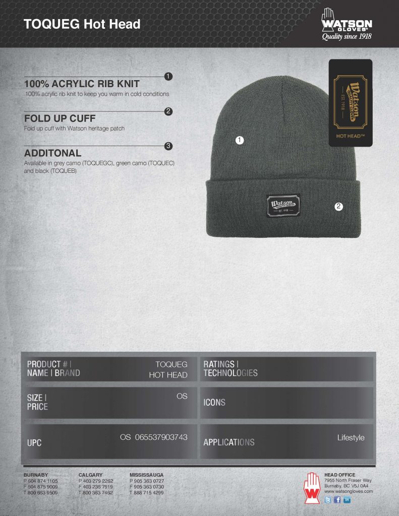 TOQUEG Hot Head Spec Sheet - Watson Gloves