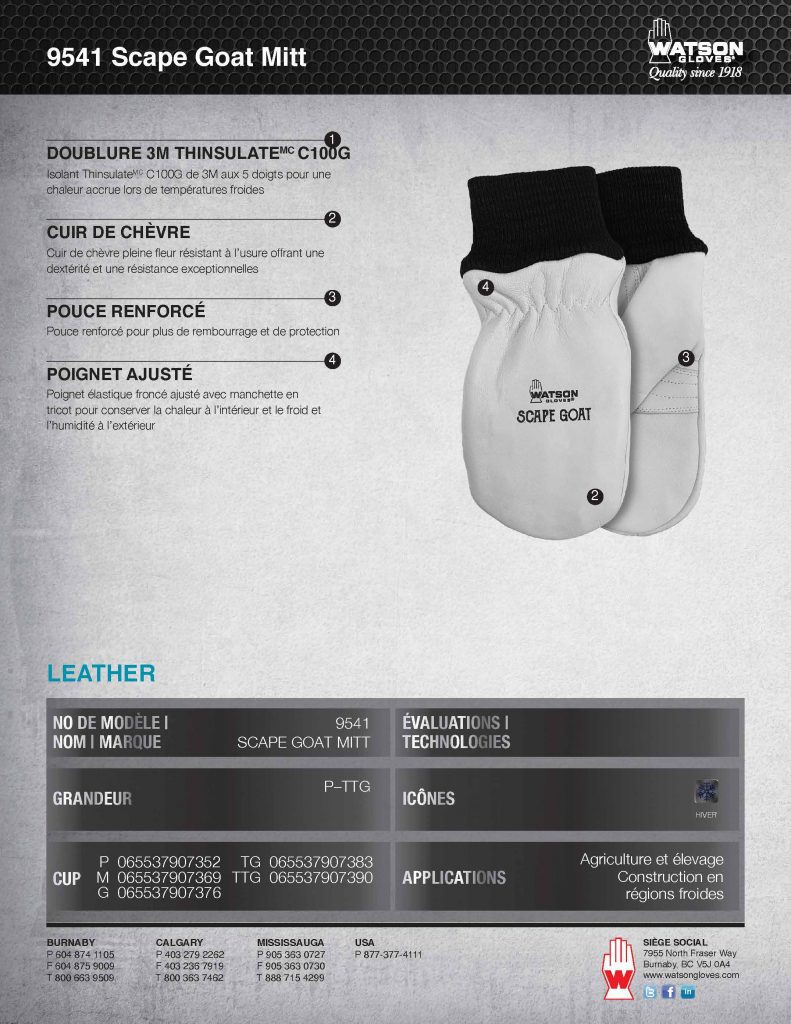 9541 Scape Goat Goatskin Leather Eco–Thinsulate Winter Mitt French Spec ...