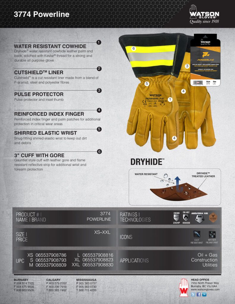 3774 Powerline Cowhide Leather All Season Utility Gloves Spec Sheet ...