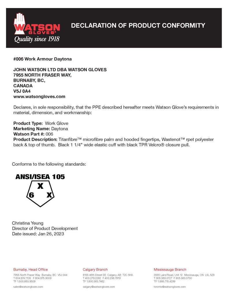 006 Daytona Declaration of Product Conformity - Watson Gloves