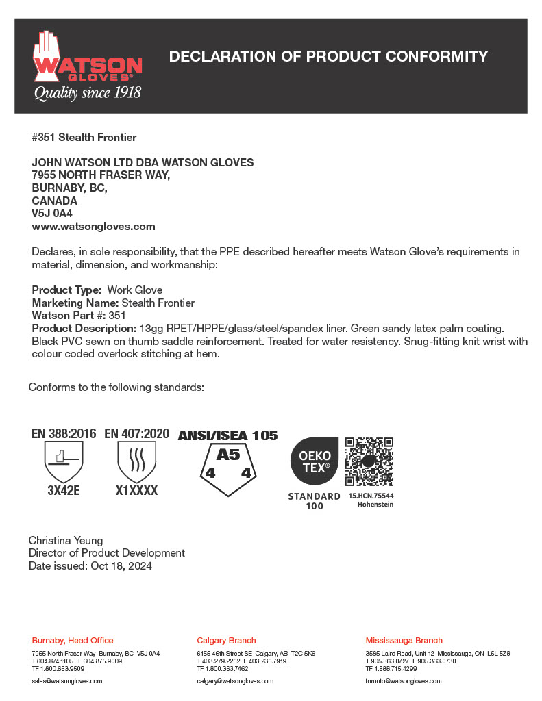 351 Stealth Frontier Declaration of Product Conformity - Watson Gloves