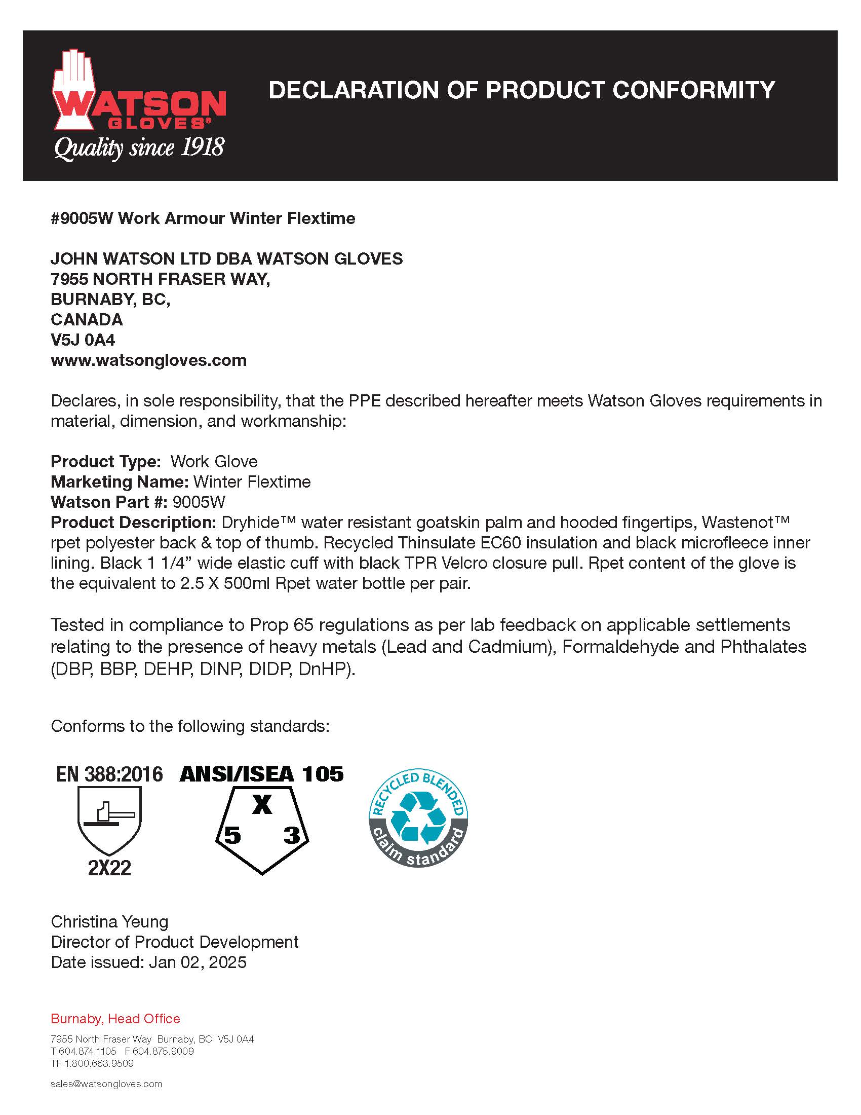 9005W Flextime Declaration of Product Conformity - Watson Gloves