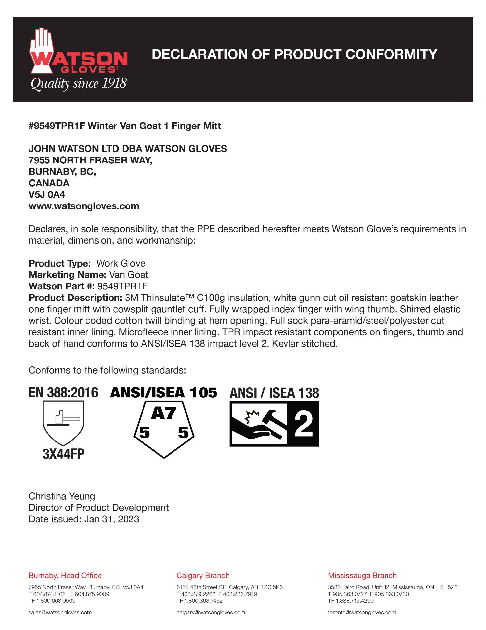 9549TPR1F Van Goat 1 Finger Declaration of Product Conformity - Watson Gloves